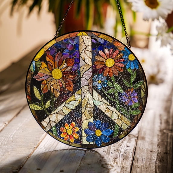 BLESSING DECOR Peace Sign Glass Suncatcher v2, Floral Boho Window ...