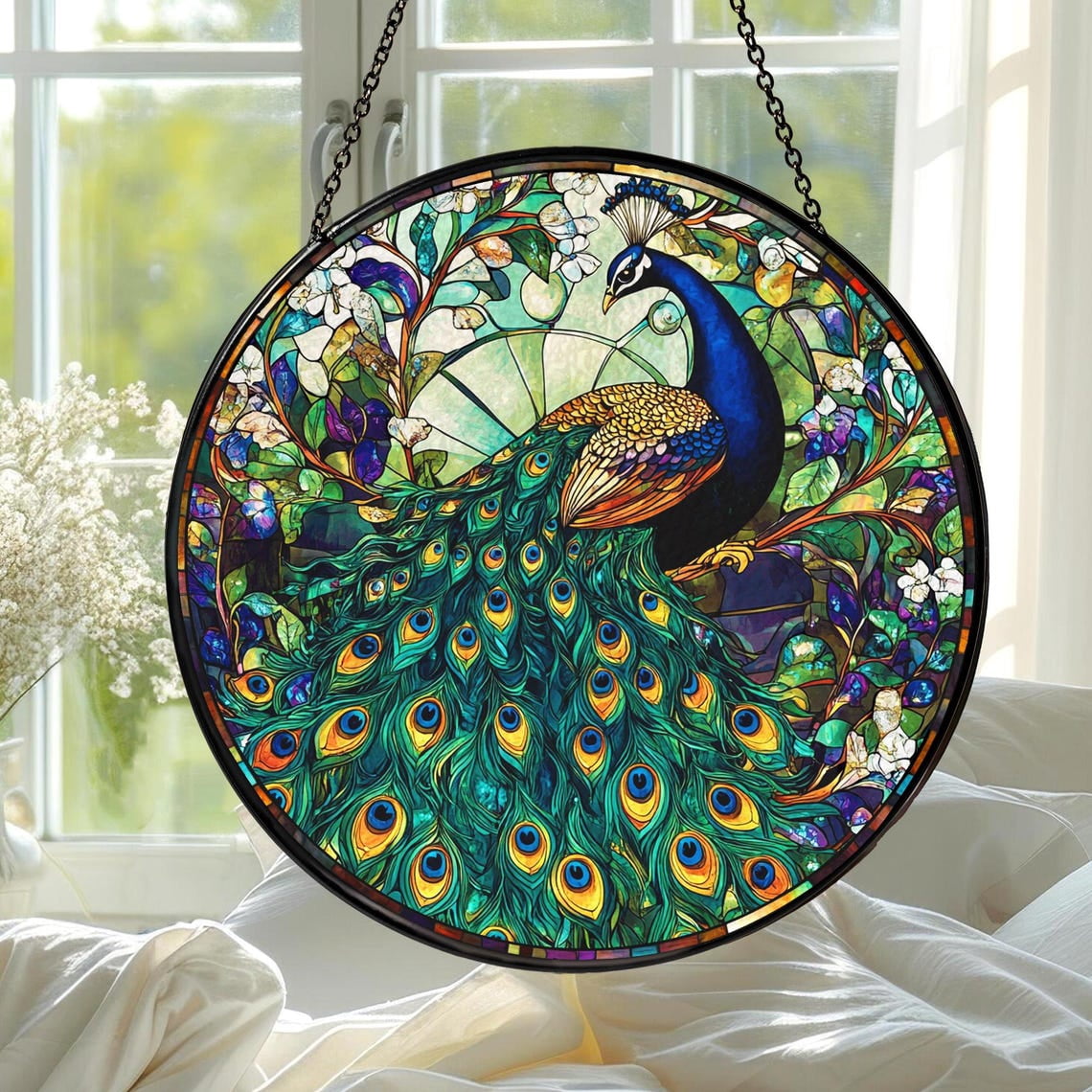BLESSING DECOR Peacock Glass Suncatcher, Elegant Bird Window Hanging ...