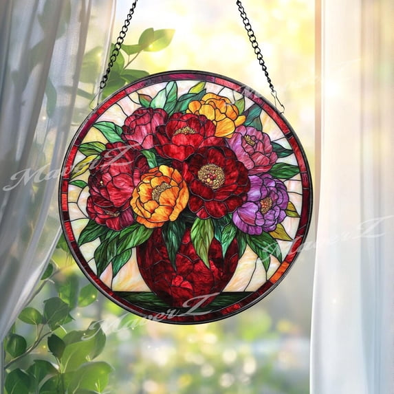 BLESSING DECOR Peony Glass Suncatcher, Floral Vase Window Hanging ...