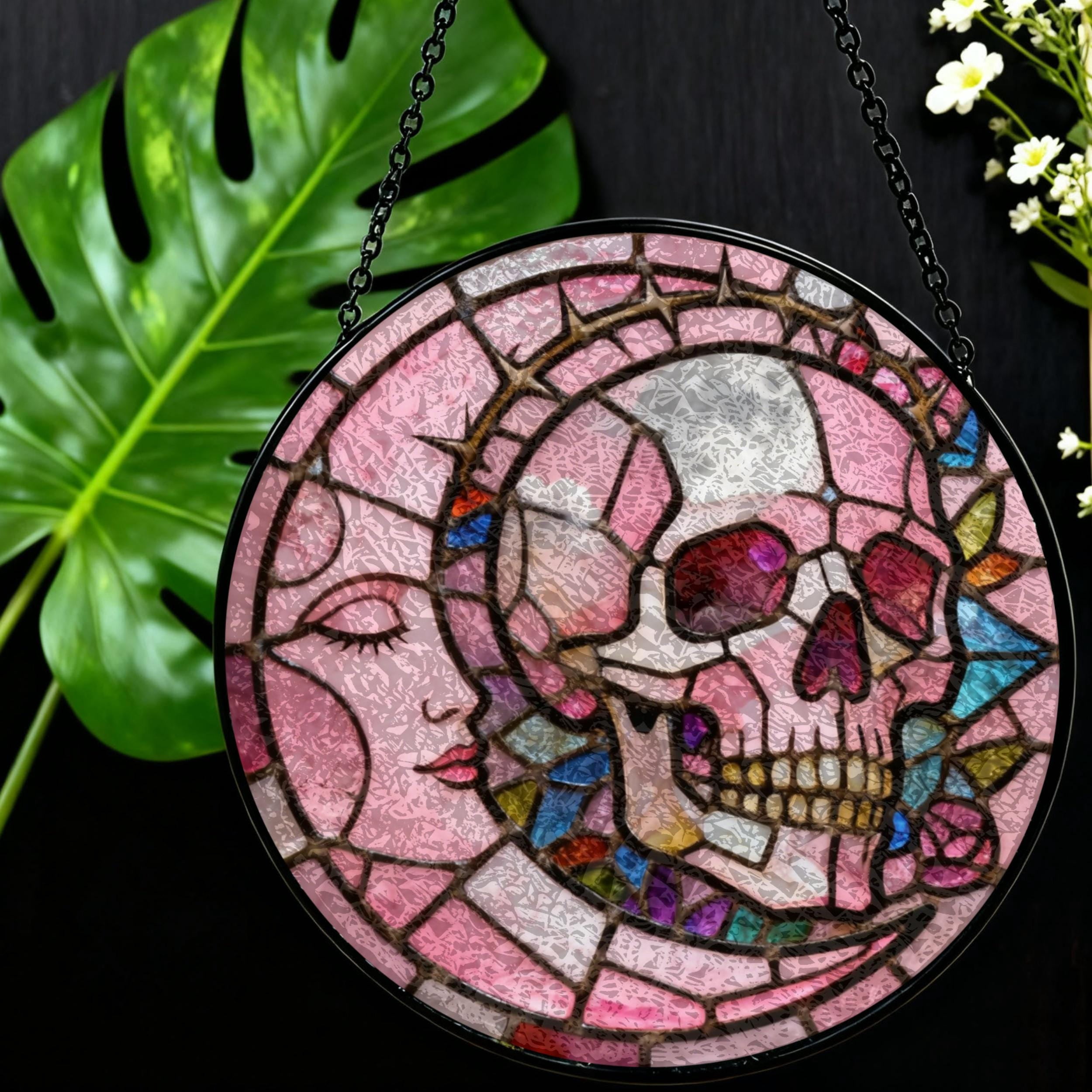 BLESSING DECOR Pink Skull Moon Suncatcher Stained Glass Gothic Window ...