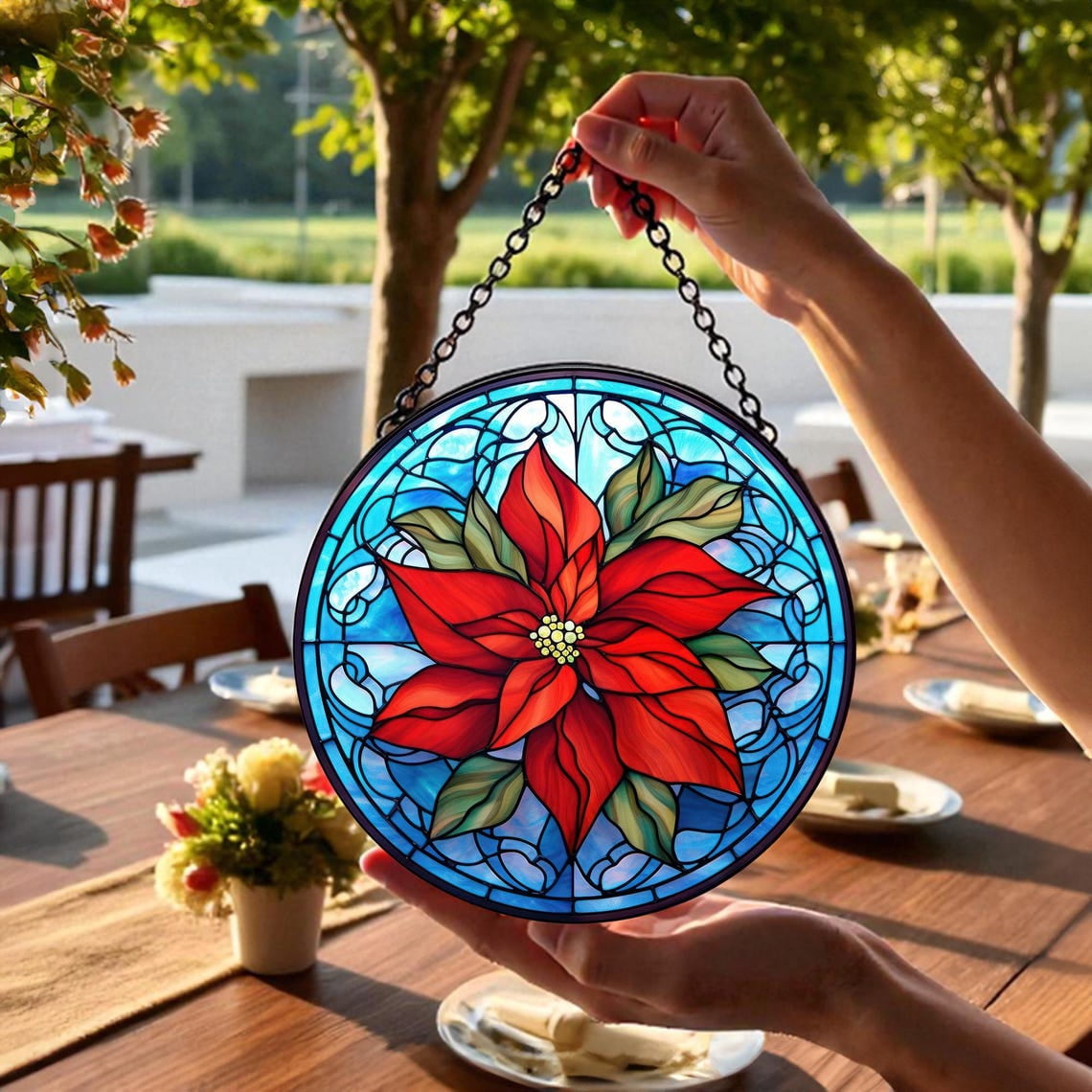 BLESSING DECOR Poinsettia Christmas Glass Suncatcher , Red Floral ...