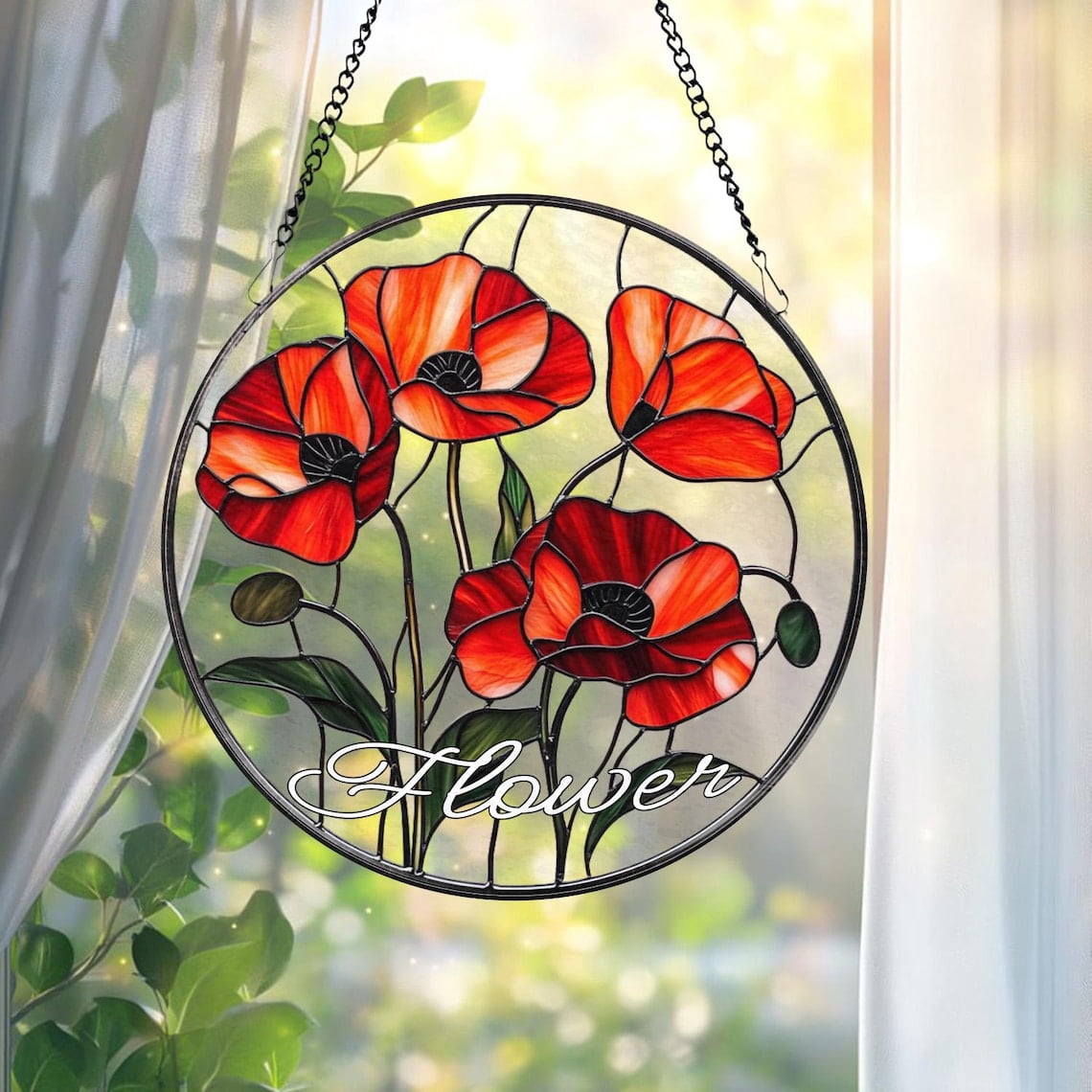 BLESSING DECOR Poppy Flower Glass Suncatcher, California Botanical ...