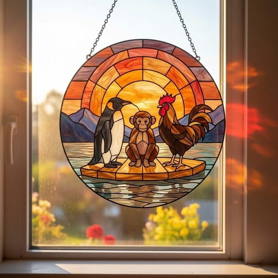 BLESSING DECOR Punch the Monkey Glass Suncatcher, Penguin and Rooster ...