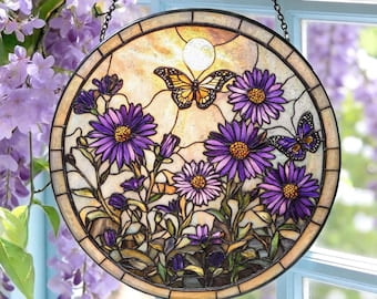 BLESSING DECOR Purple Aster Stained Glass Suncatcher: Asters Window ...