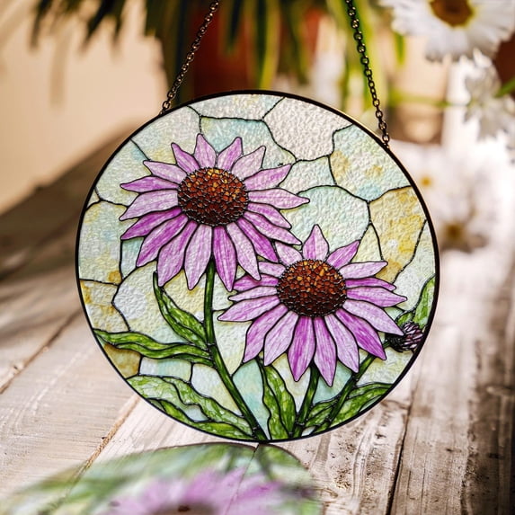 BLESSING DECOR Purple Coneflower Glass Suncatcher, Round Floral, Garden ...