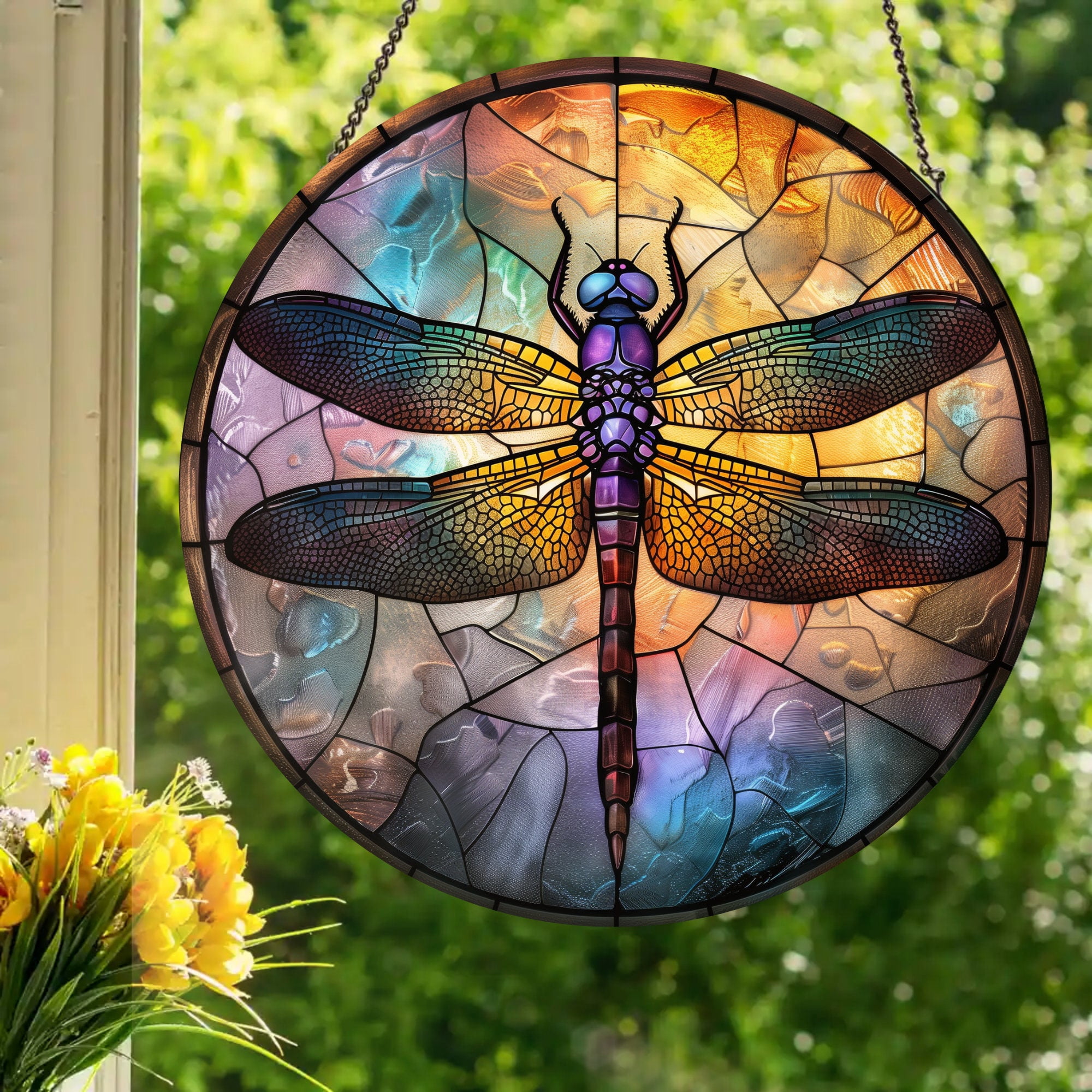 BLESSING DECOR Purple Dragonfly: Stained Glass Style Window Hanging 6.3 ...
