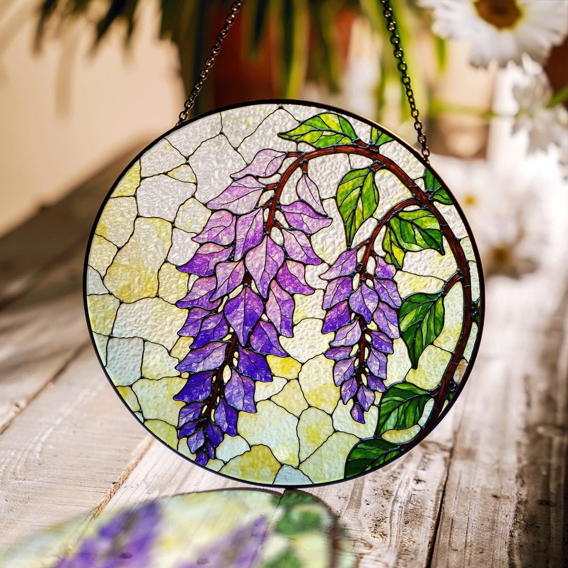 BLESSING DECOR Purple Wisteria Glass Suncatcher, Hanging Round Floral ...