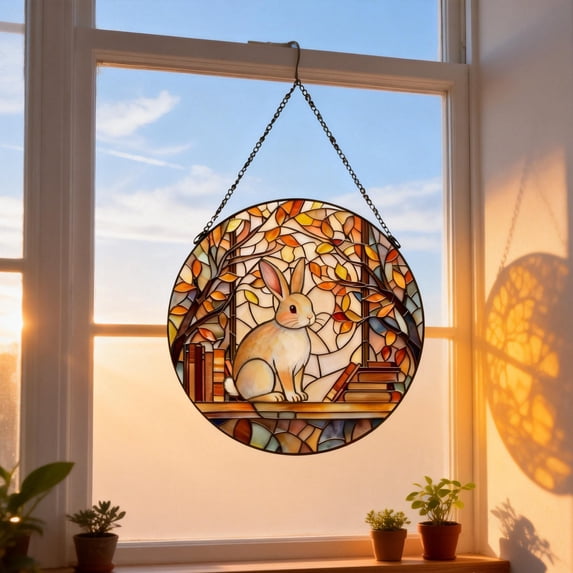 BLESSING DECOR Rabbit Stained Glass Suncatcher, Autumn Leaves Mosaic ...