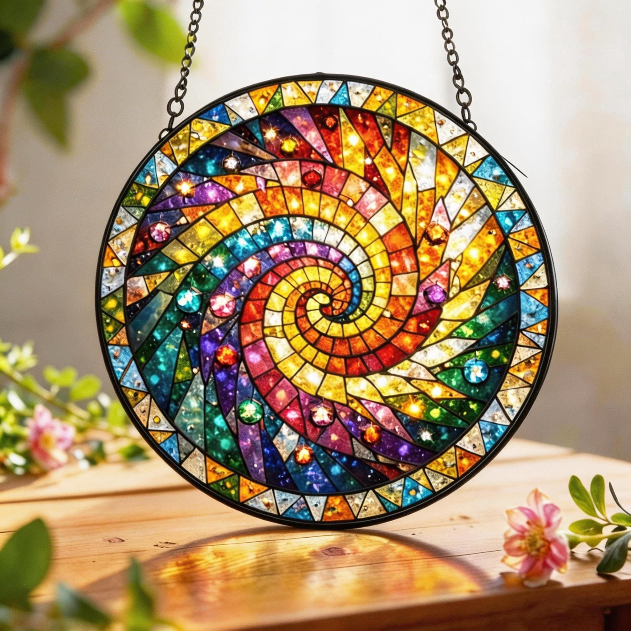 BLESSING DECOR Rainbow Spiral Stained Glass Window Hanging, Abstract ...