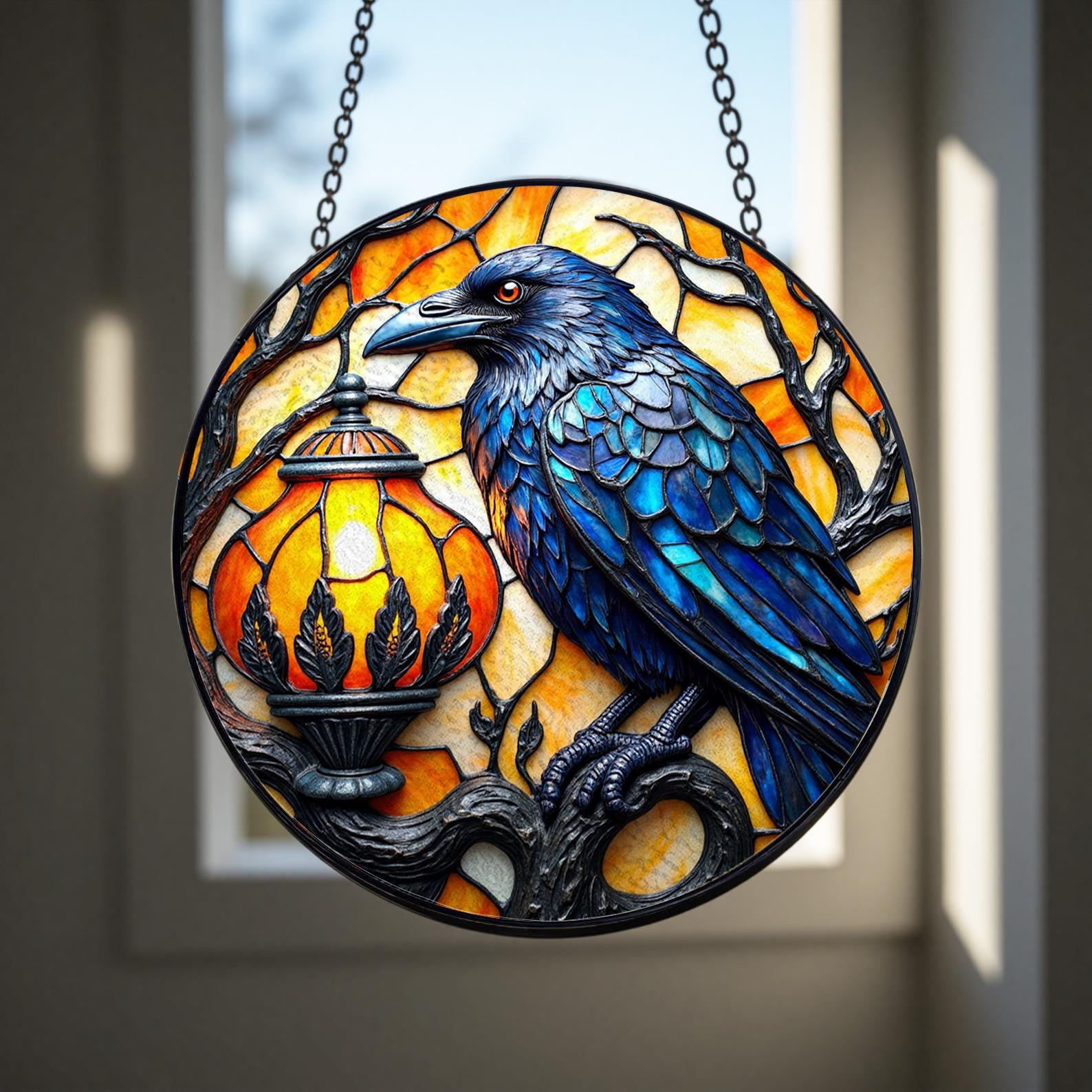 BLESSING DECOR Raven & Lantern Stained Glass Suncatcher: Gothic Window ...