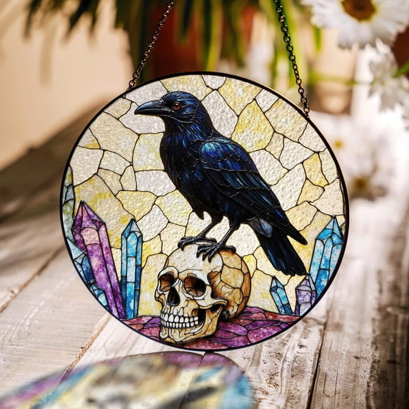 BLESSING DECOR Raven on Skull Crystal Window Glass Suncatcher, Round ...