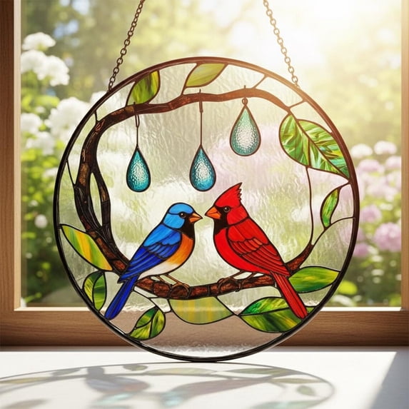BLESSING DECOR Red Cardinal Glass Suncatcher v6, Bird and Flower Window ...