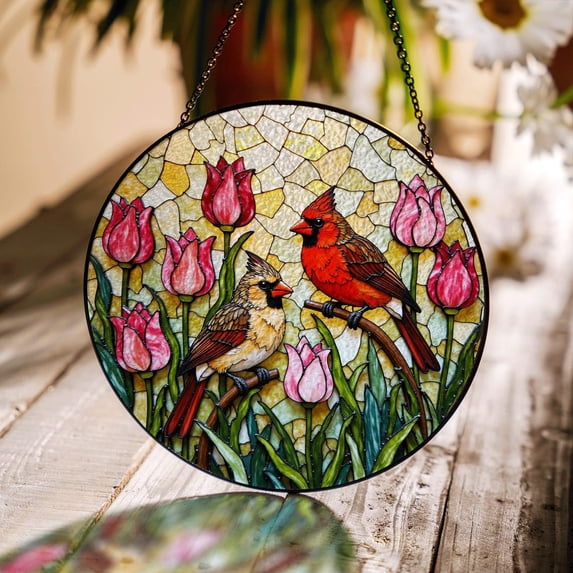 BLESSING DECOR Red Cardinal and Pink Tulips Glass Suncatcher, Spring ...