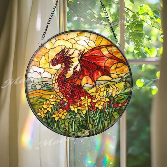 BLESSING DECOR Red Dragon Glass Suncatcher, Fantasy Window Decor ...