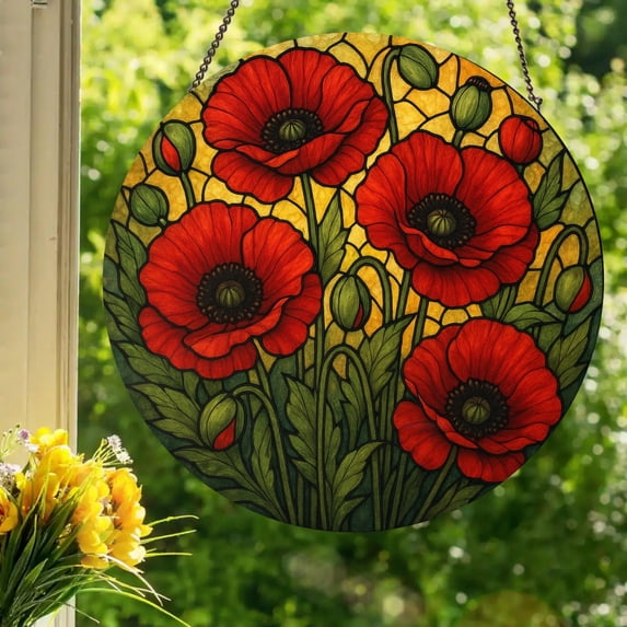 BLESSING DECOR Red Poppies: Stained Glass Style Window Hanging 7.9INCH ...