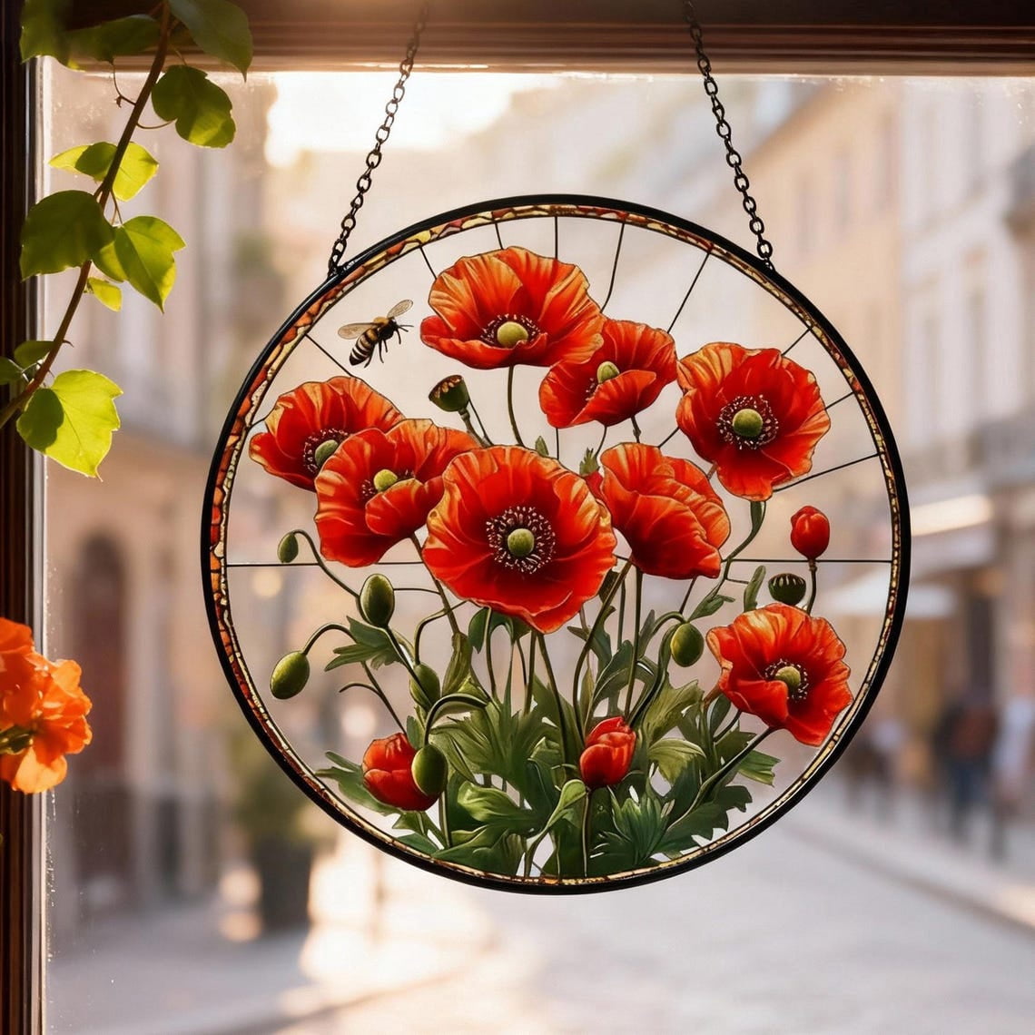 BLESSING DECOR Red Poppy Floral Suncatcher, Handmade Window Hanging ...