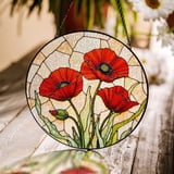 BLESSING DECOR Red Poppy Flowers Glass Suncatcher v8, Round Floral ...