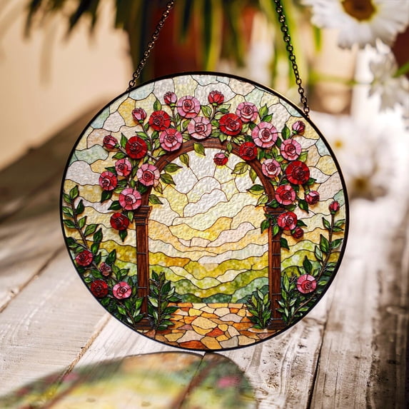 BLESSING DECOR Rose Arch Floral Garden Glass Suncatcher, Window Decor 7 ...