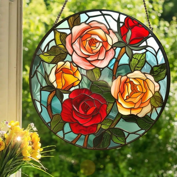 BLESSING DECOR Rose Bouquet: Stained Glass Style Window Hanging 7.9INCH ...