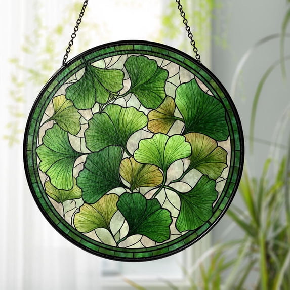 BLESSING DECOR Round Ginkgo Leaf Glass Suncatcher v5, Botanical Autumn ...