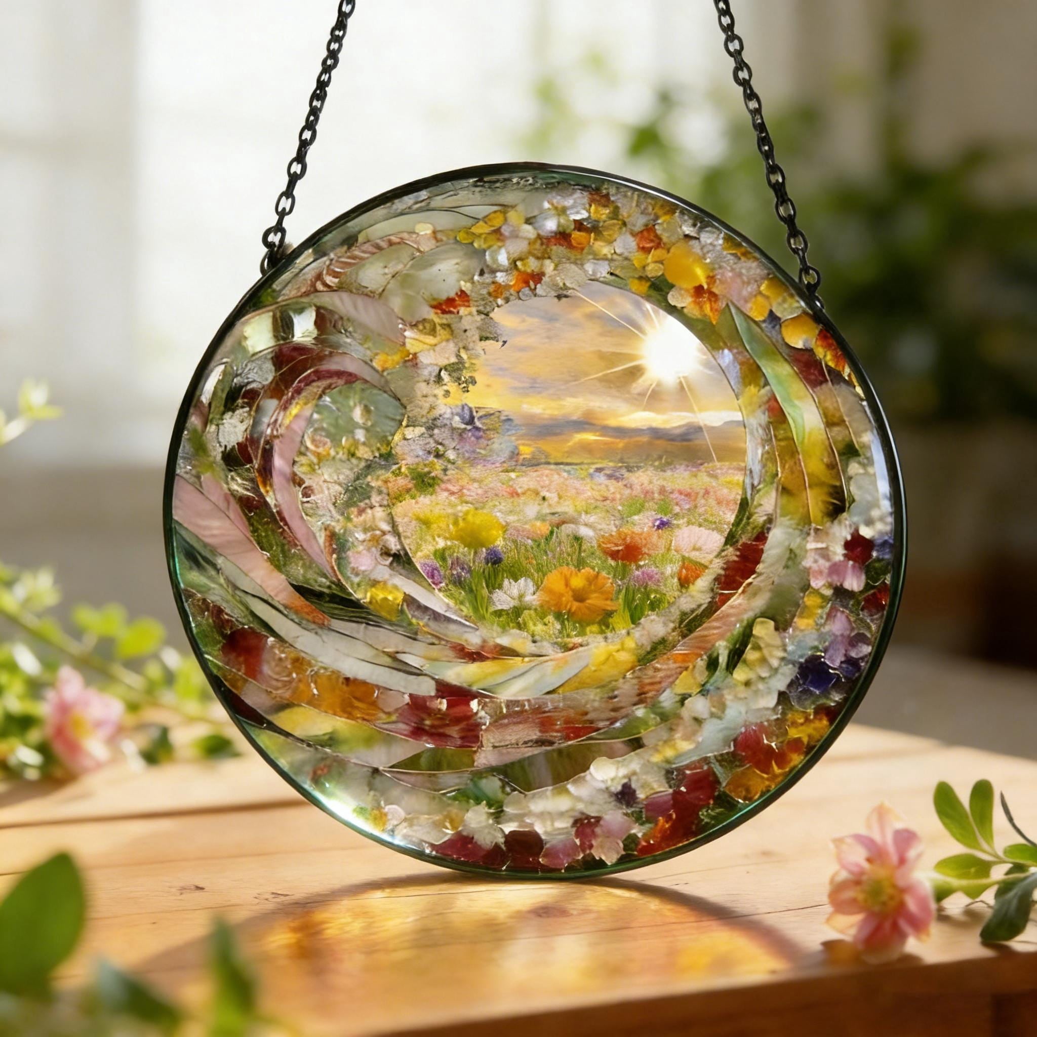 BLESSING DECOR Round Stained Glass Sun Catcher, Floral Meadow Glass ...