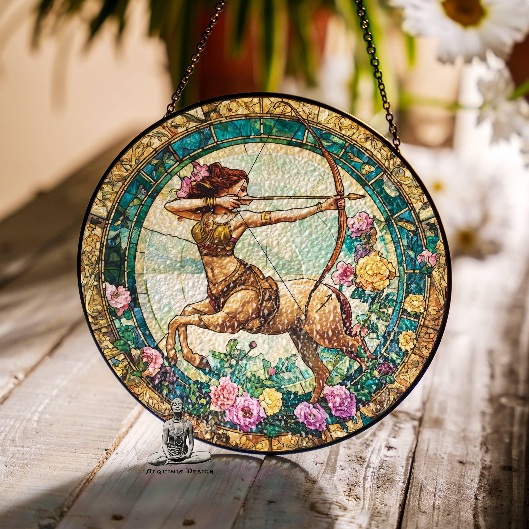 BLESSING DECOR Sagittarius Zodiac Suncatcher: Faux Stained Glass Window ...