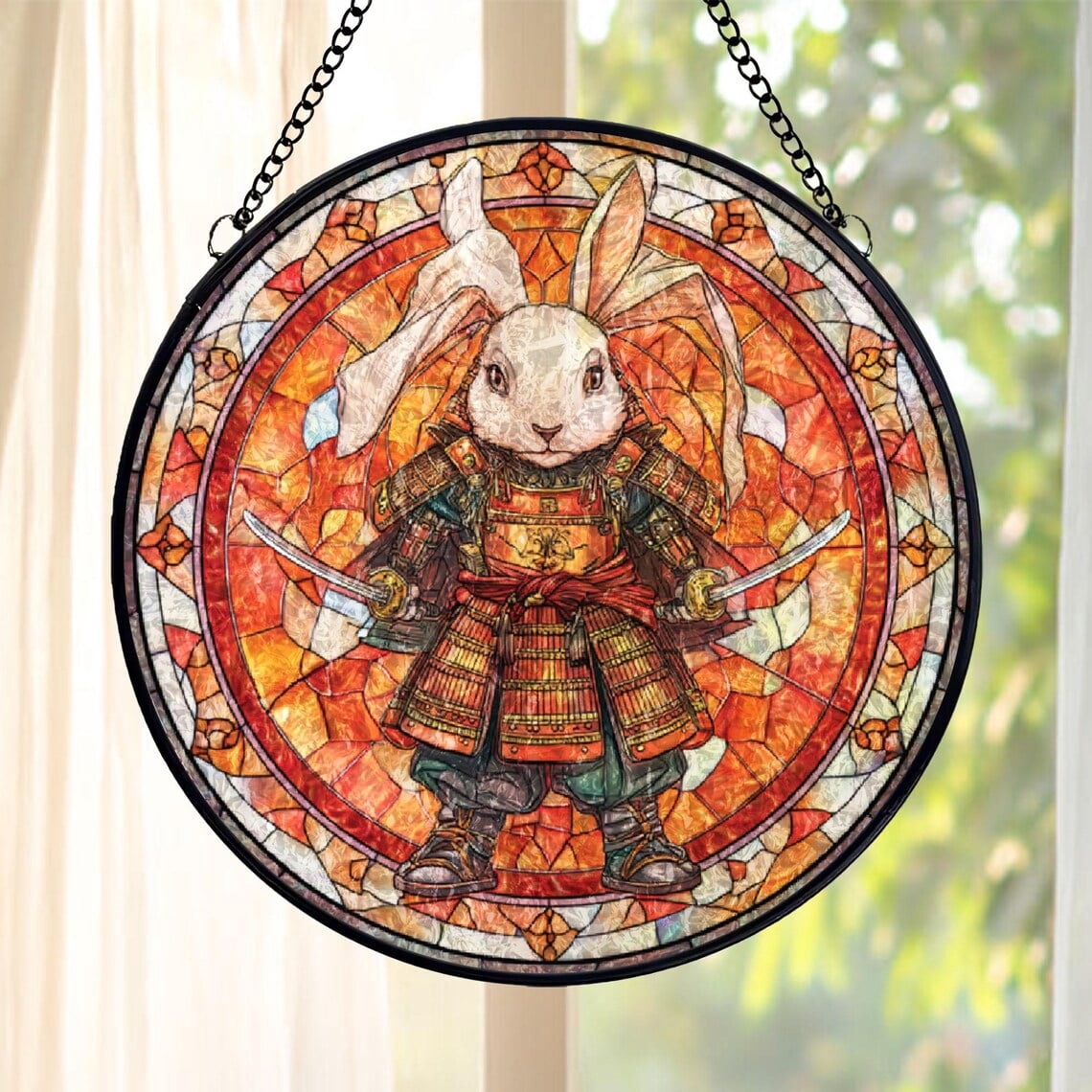 BLESSING DECOR Samurai Bunny Glass Suncatcher, Warrior Rabbit Window ...
