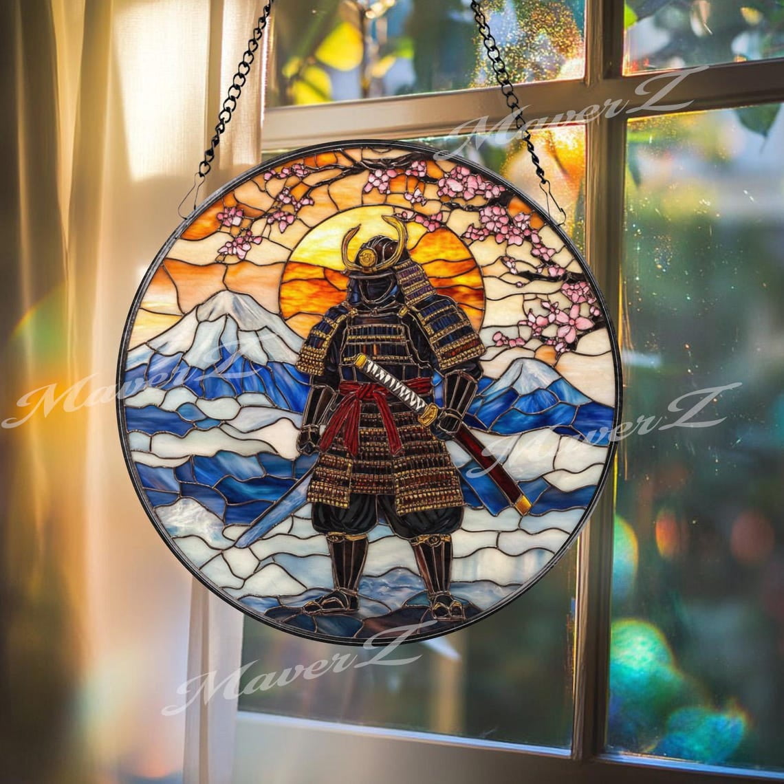 BLESSING DECOR Samurai Suncatcher, Mount Fuji Glass Window Hanging 7 ...