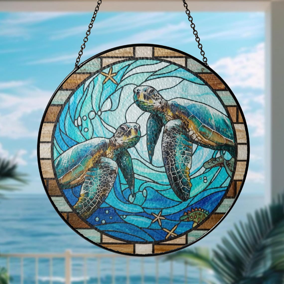 BLESSING DECOR Sea Turtle Floral Glass Suncatcher v4, Blue Ocean Window ...