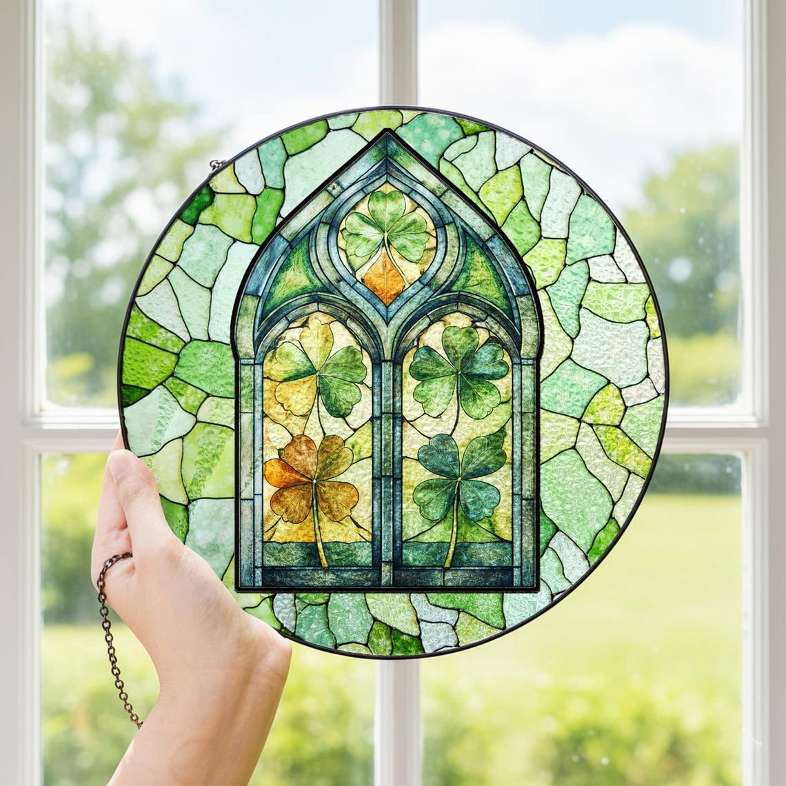 BLESSING DECOR Shamrock Glass Suncatcher v2, Lucky Four Leaf Clover ...