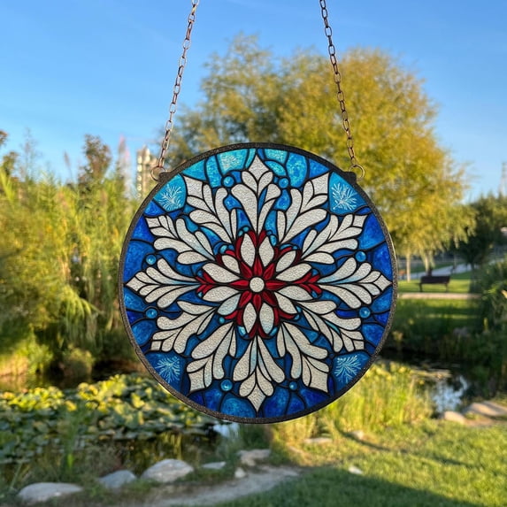 BLESSING DECOR Snowflake Mandala Glass Suncatcher v4, Winter Window ...