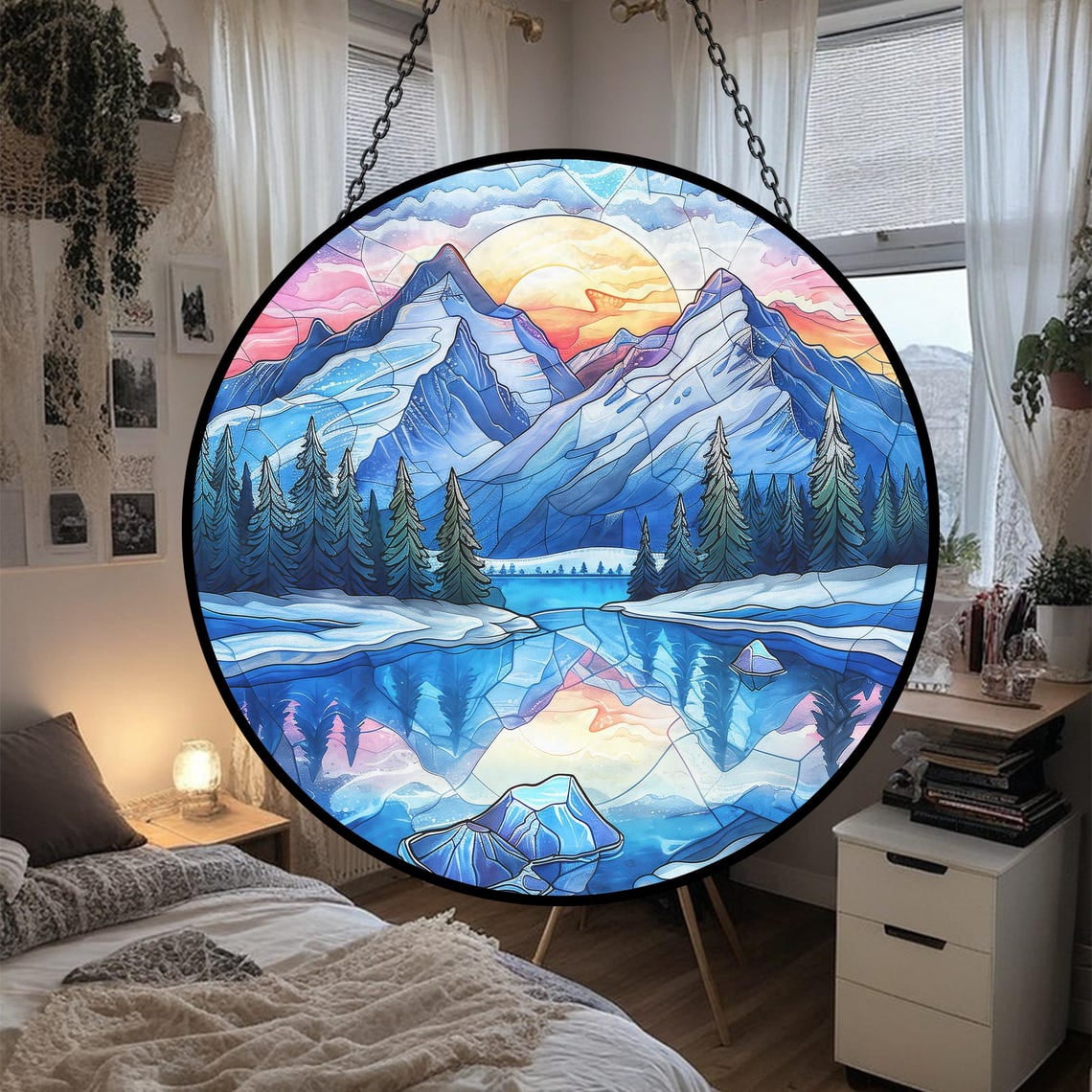 BLESSING DECOR Snowy Mountain Glass Suncatcher, Lakeside Sunset Window ...