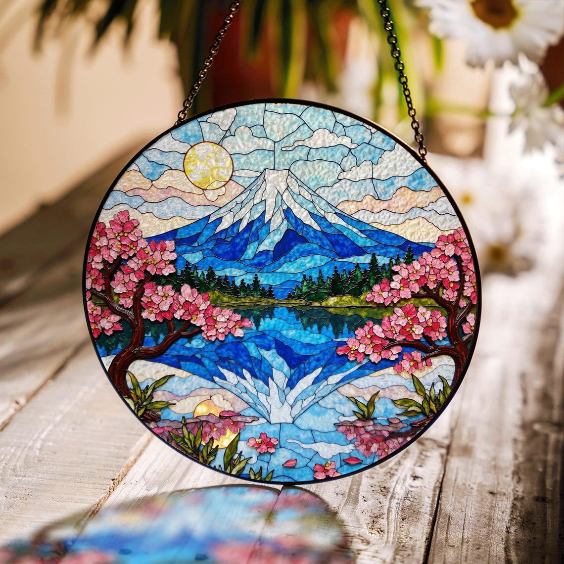 BLESSING DECOR Snowy Mountain Lake Scene Glass Suncatcher, Round ...