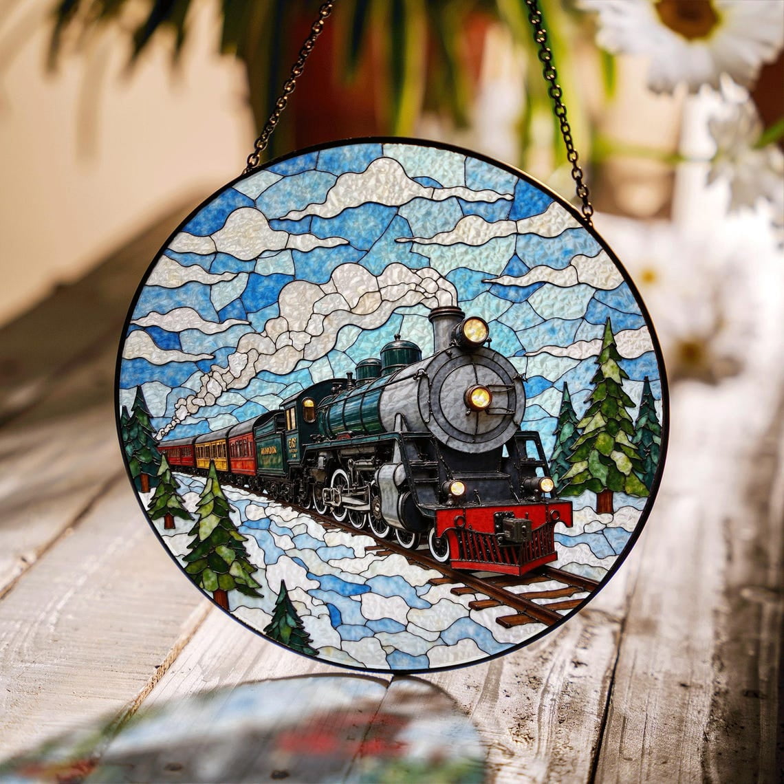 BLESSING DECOR Snowy Steam Locomotive Glass Suncatcher, Winter Railway ...