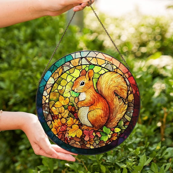 BLESSING DECOR Squirrel Glass Suncatcher v8, Autumn Nature Window Art ...