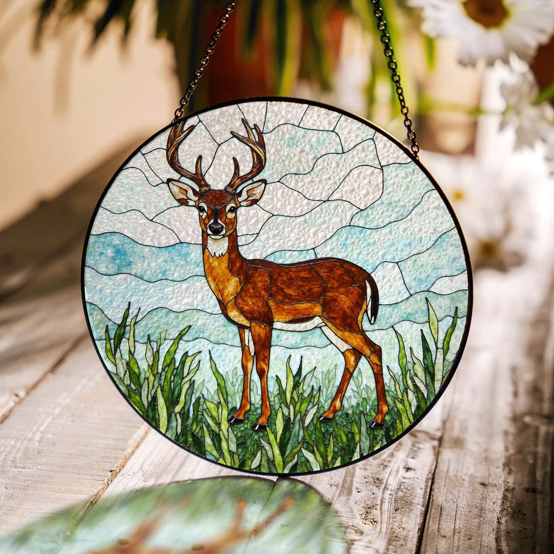 BLESSING DECOR Stag in Forest Glass Suncatcher, Deer Nature Window Art ...