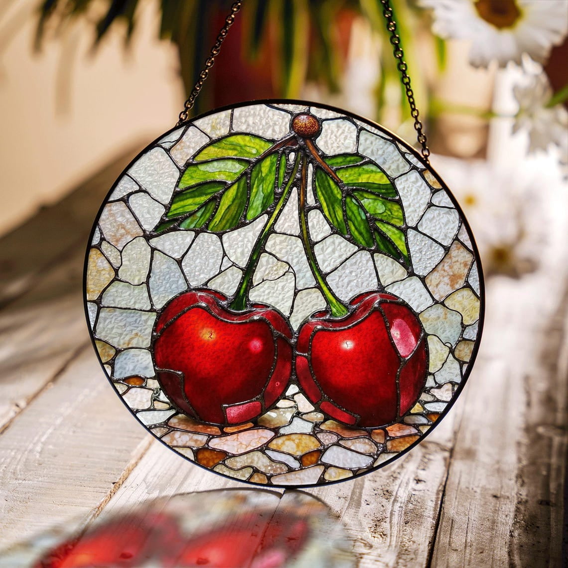 BLESSING DECOR Stained Glass Cherry Suncatcher, Red Fruit and Green ...