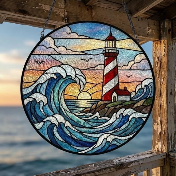 BLESSING DECOR Stained Glass Lighthouse Suncatcher, Ocean Wave Window ...