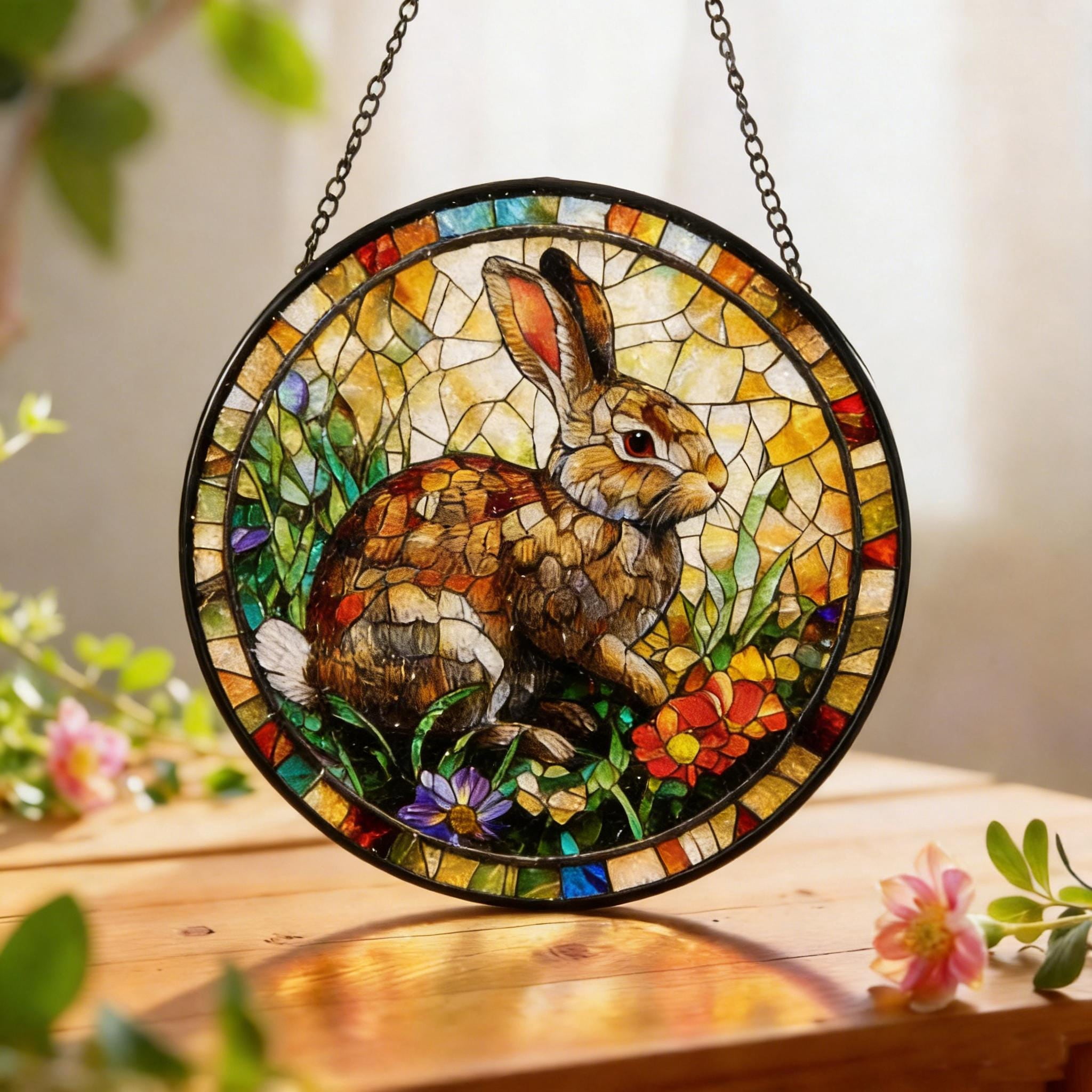 BLESSING DECOR Stained Glass Rabbit Suncatcher, Bunny Window Hanging ...