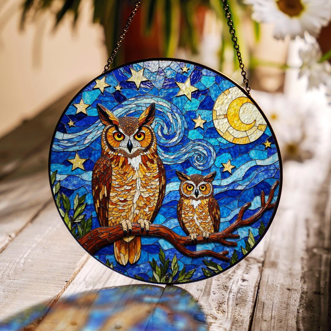 BLESSING DECOR Starry Night Owl Moon Tree Glass Suncatcher, Window ...