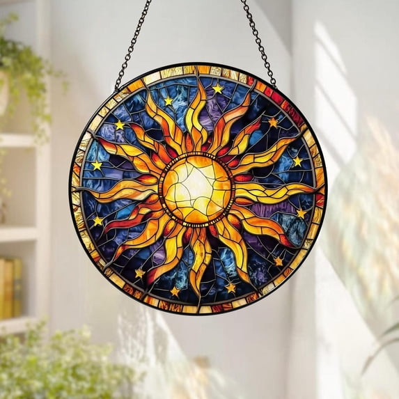 BLESSING DECOR Sun Face Glass Suncatcher v3, Boho Celestial Window Art ...