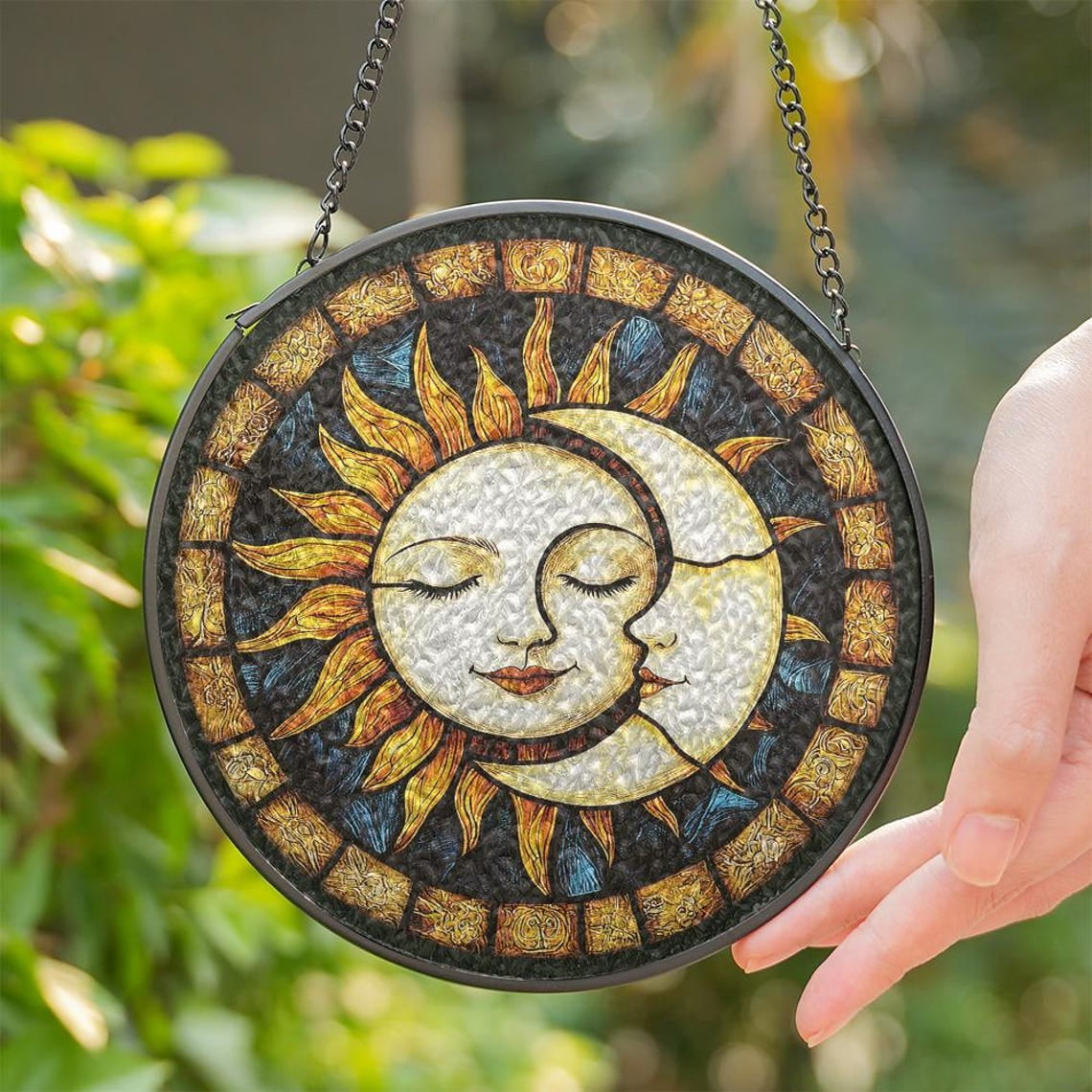 BLESSING DECOR Sun Moon Glass Suncatcher, Sun and Moon Window Hanging ...