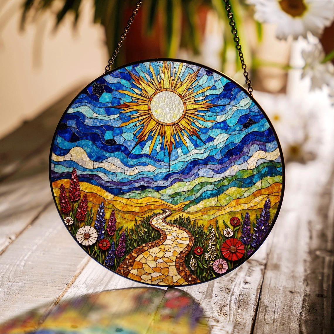 BLESSING DECOR Sun and Wildflower Path Glass Suncatcher, Nature Window ...