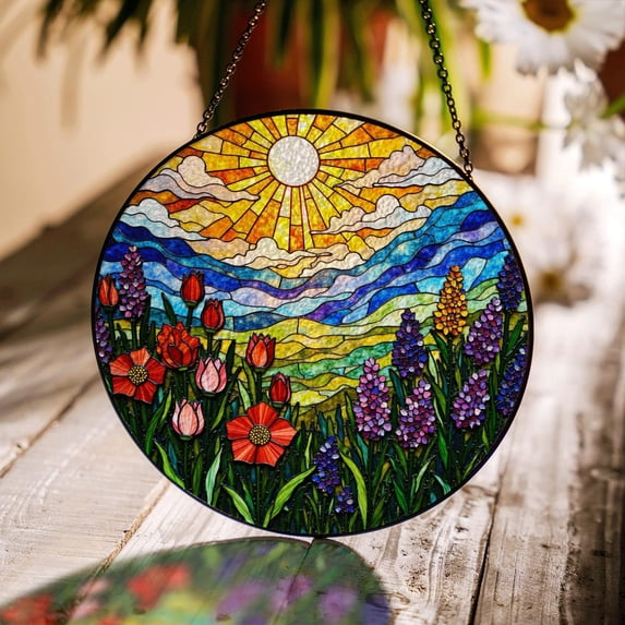 BLESSING DECOR Sunrise Mountain Flowers Round Suncatcher, Nature Lover ...