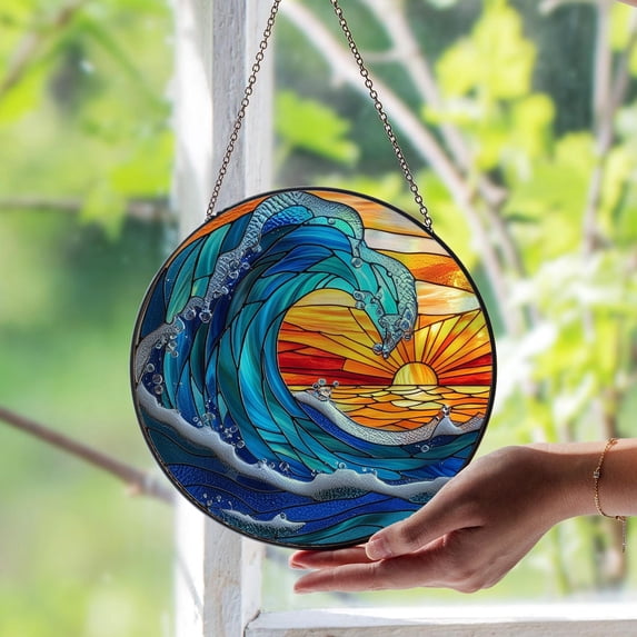 BLESSING DECOR Sunset On The Beach Glass Suncatcher, Coastal Sunset ...