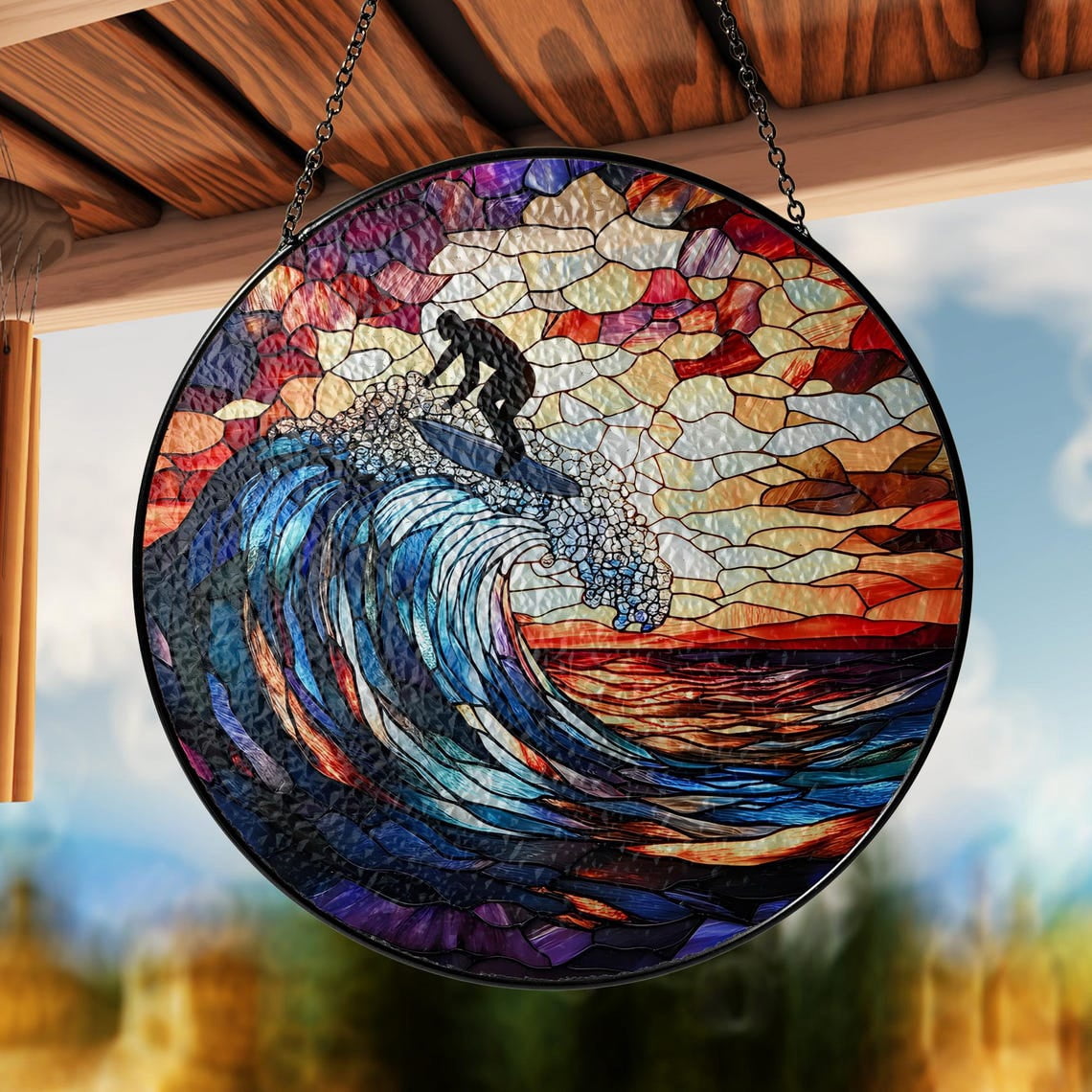 BLESSING DECOR Surfing Glass Suncatcher, Surfing Beach Sunset Window ...