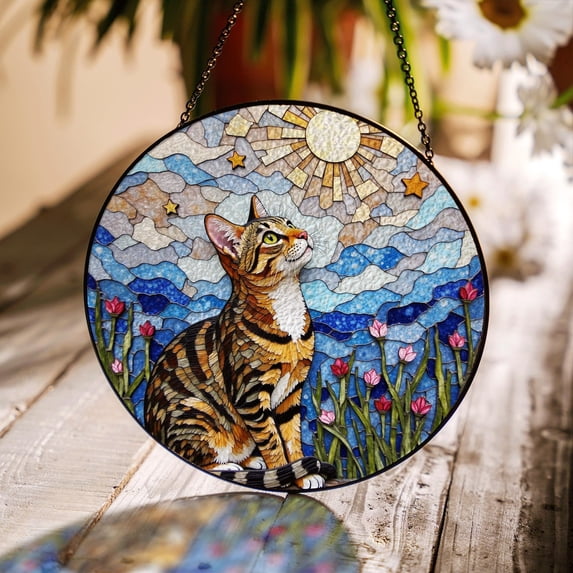 BLESSING DECOR Tabby Cat Moonlight Glass Suncatcher, Window Decor, For ...