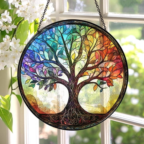 BLESSING DECOR Tree Of Life Glass Suncatcher, Colorful Tree Of Life ...