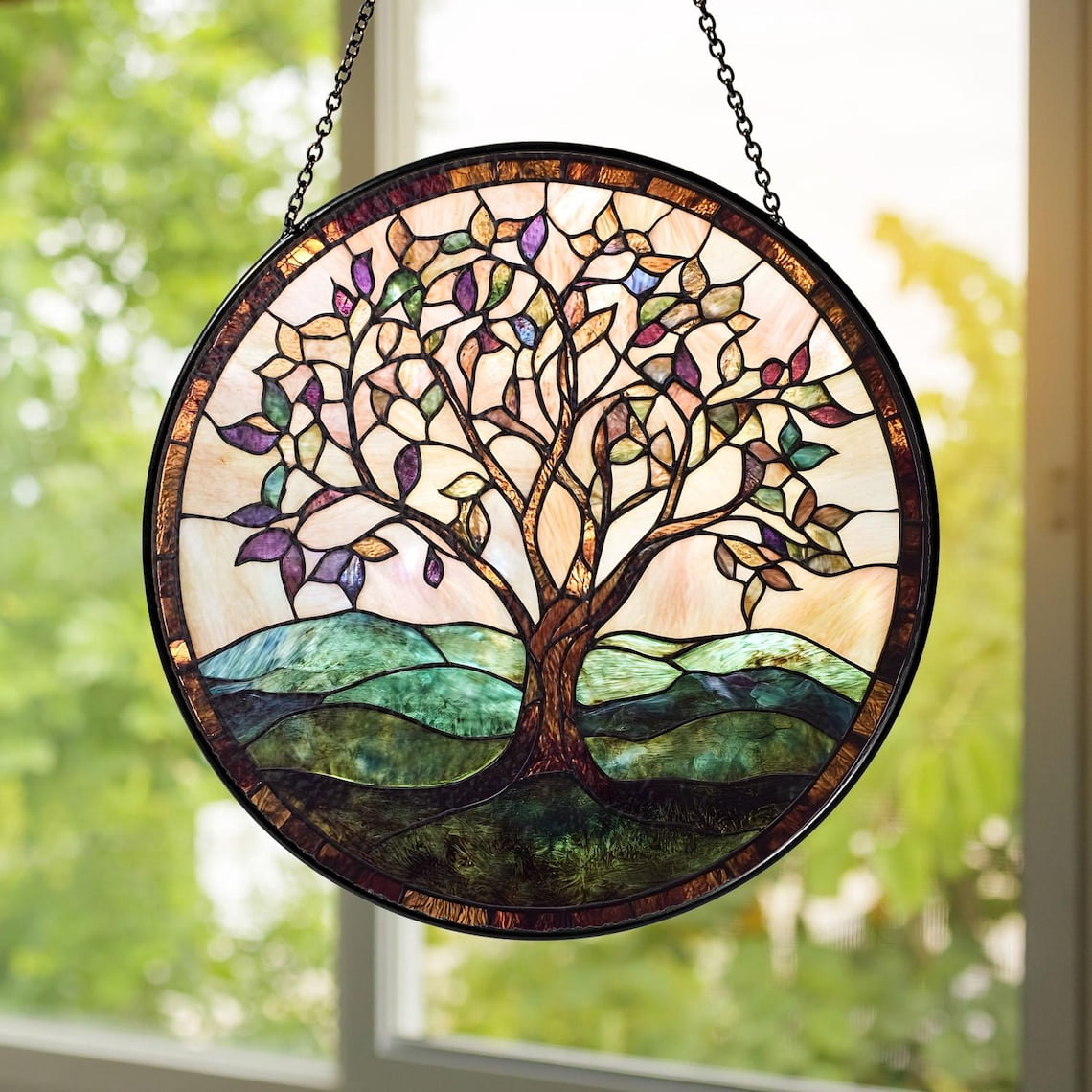 BLESSING DECOR Tree of Life Glass Suncatcher, Colorful Round Window ...