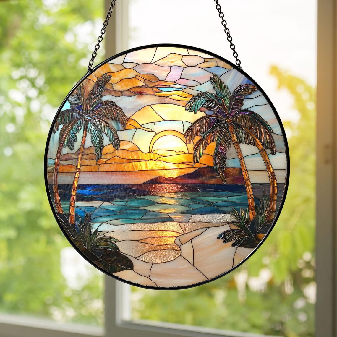 BLESSING DECOR Tropical Sunset Glass Suncatcher, Palm Tree Beach Window ...